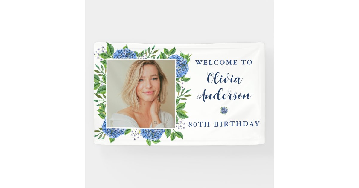 Elegant Hydrangea Custom Photo 80th Birthday Party Banner | Zazzle