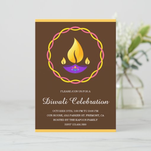 Elegant Indian Diya Lamp Brown Diwali Party Invitation | Zazzle