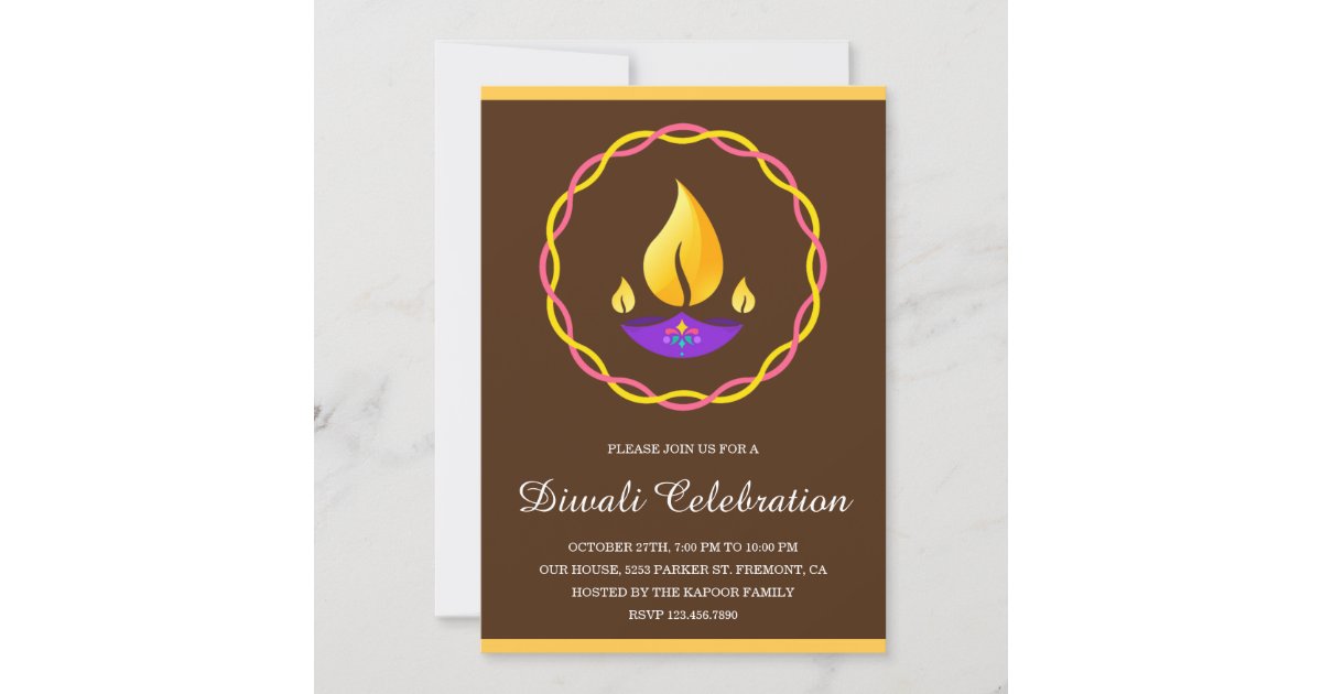 Elegant Indian Diya Lamp Brown Diwali Party Invitation | Zazzle