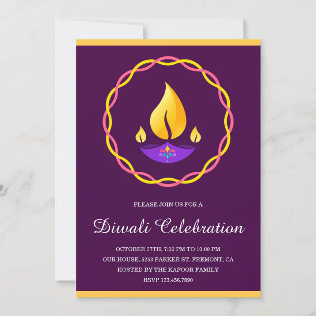 Elegant Indian Diya Lamp Purple Diwali Party Invitation | Zazzle