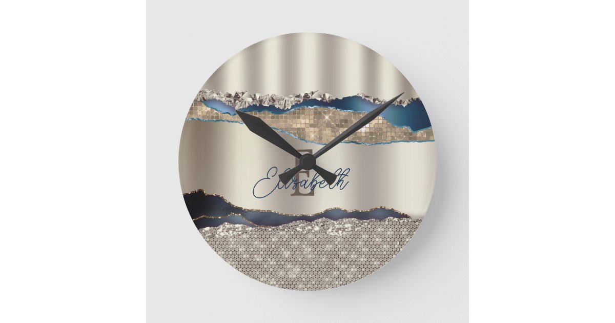 Elegant Indigo Blue Agate Sequins Round Clock | Zazzle
