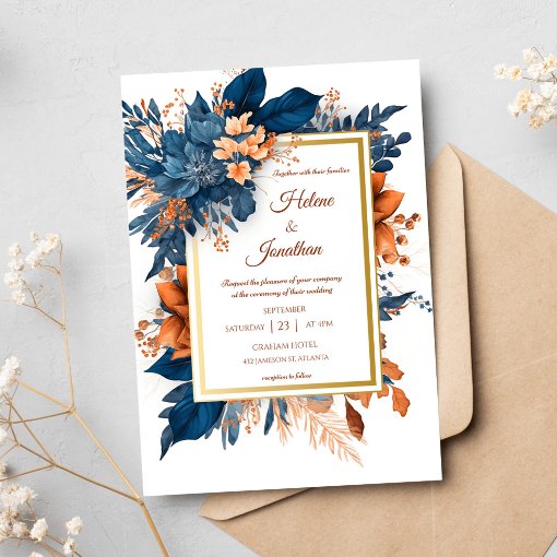 Elegant Indigo Rust Watercolor Boho Wedding Invitation | Zazzle