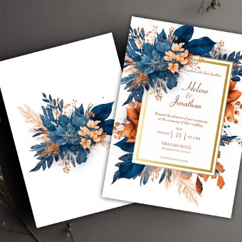 Elegant Indigo Rust Watercolor Boho Wedding Invitation | Zazzle