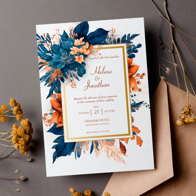 Elegant Indigo Rust Watercolor Boho Wedding Invitation | Zazzle