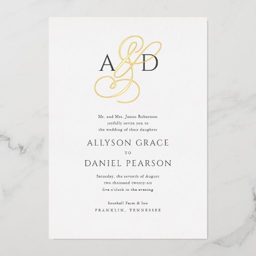 Elegant Initial Script Monogram Classic Wedding Foil Invitation | Zazzle