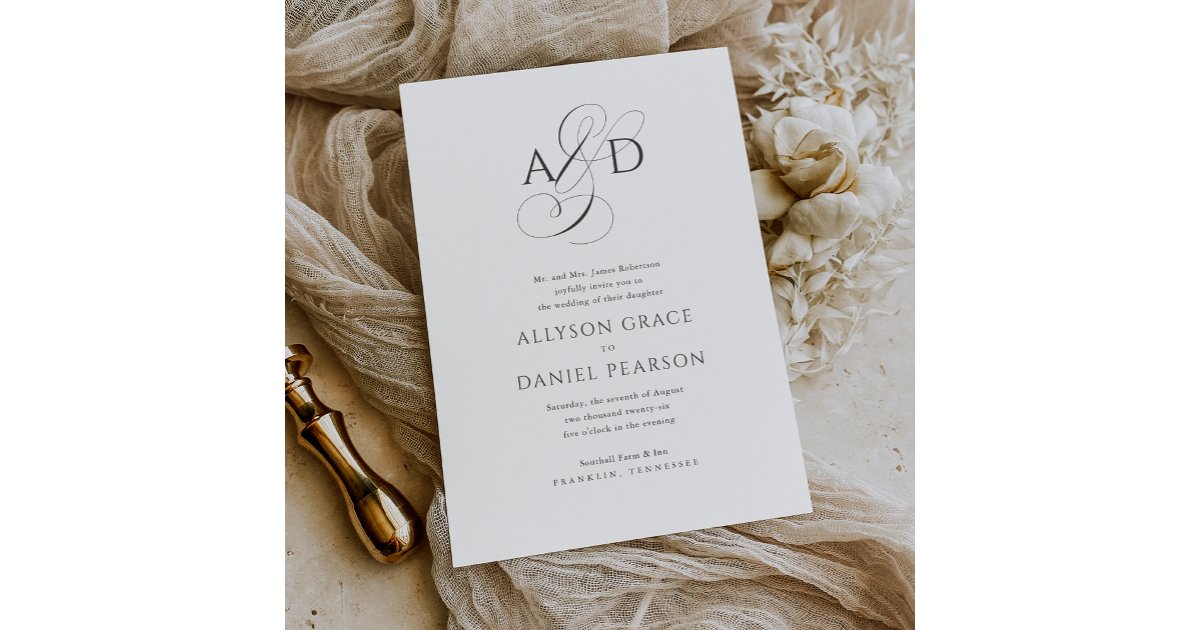 Elegant Initial Script Monogram Classic Wedding Invitation | Zazzle