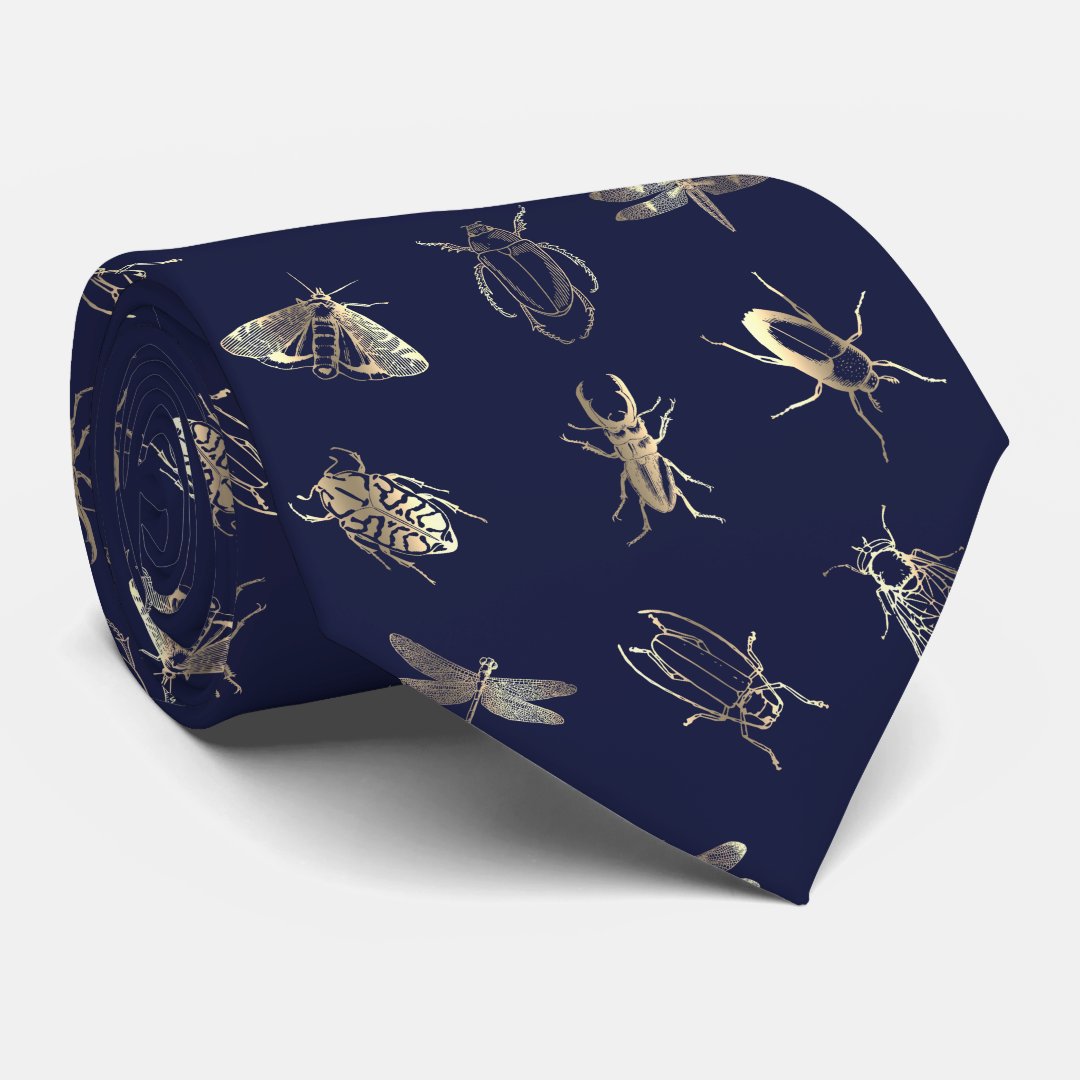elegant insects pattern on dark blue neck tie | Zazzle