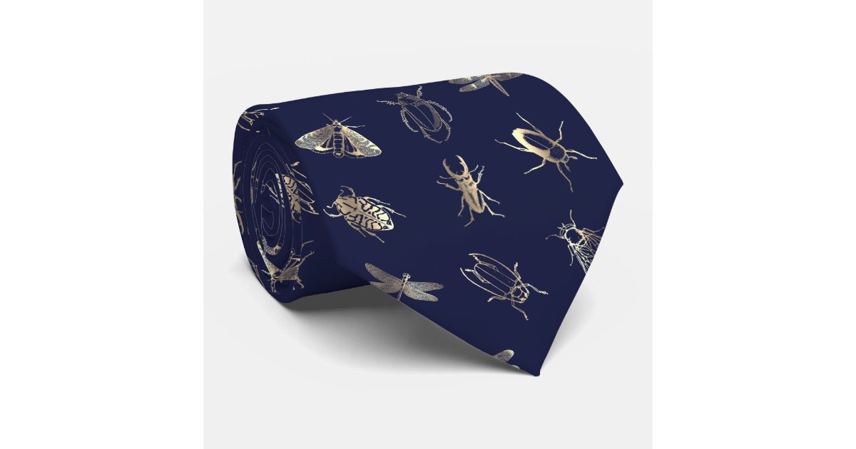 elegant insects pattern on dark blue neck tie | Zazzle