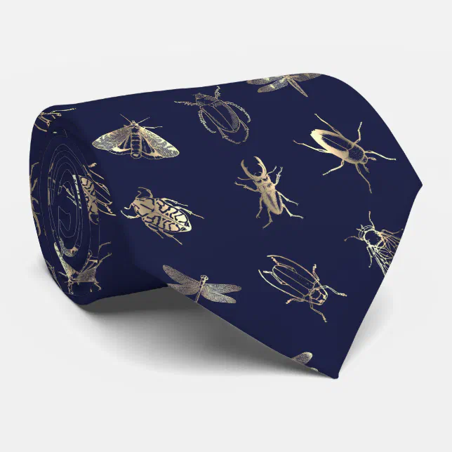 elegant insects pattern on dark blue neck tie | Zazzle