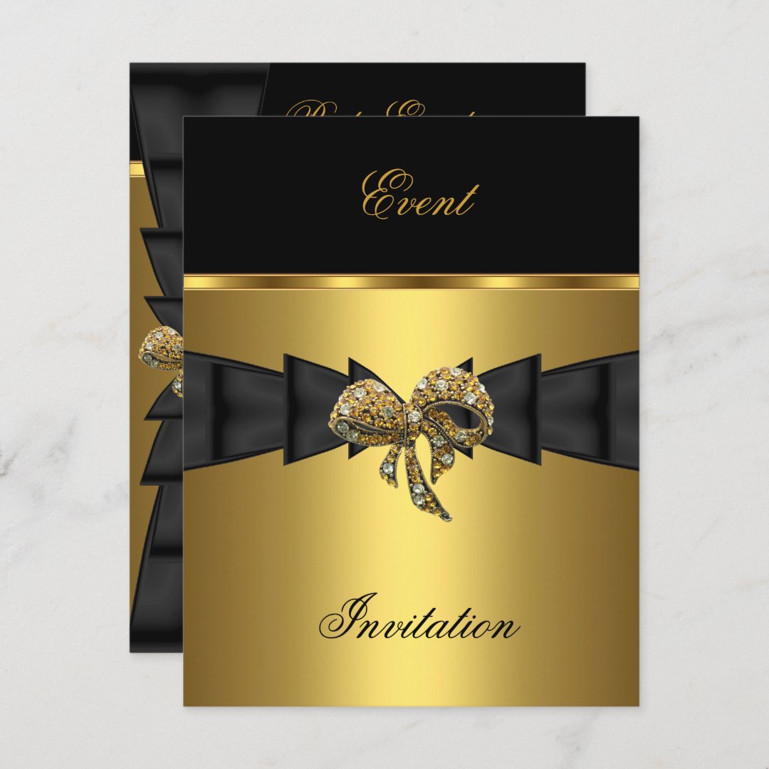 Elegant Invitation Black Gold Bow Jewel | Zazzle
