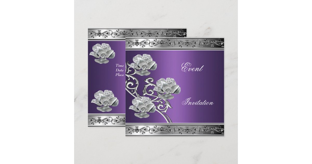Elegant Invitation Purple Silver Floral Jewel | Zazzle