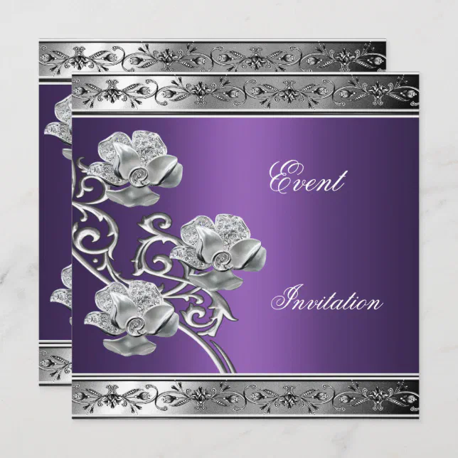 Elegant Invitation Purple Silver Floral Jewel | Zazzle