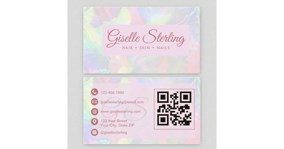 Elegant Iridescent Opal Stone Rose Script QR Code Business Card | Zazzle