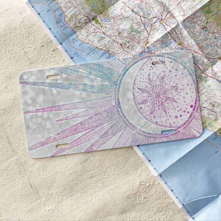 Elegant Iridescent Sun Moon Mandala Silver Design License Plate | Zazzle