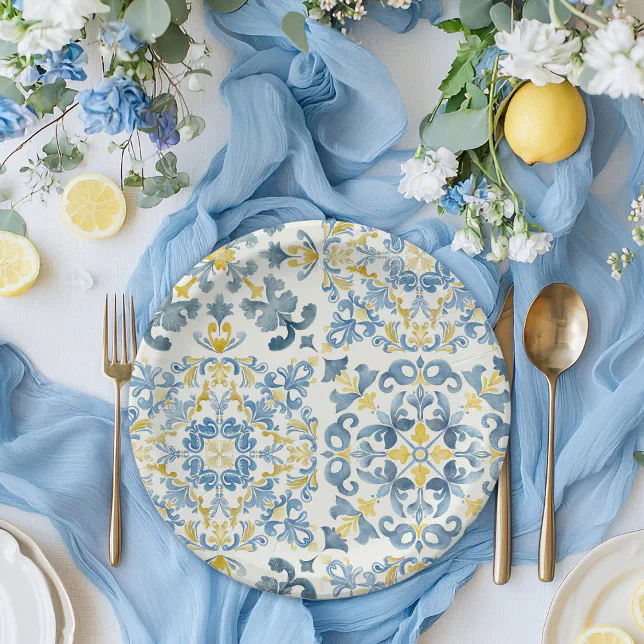 Elegant Italian Blue Tile Lemon Wedding Paper Plates | Zazzle
