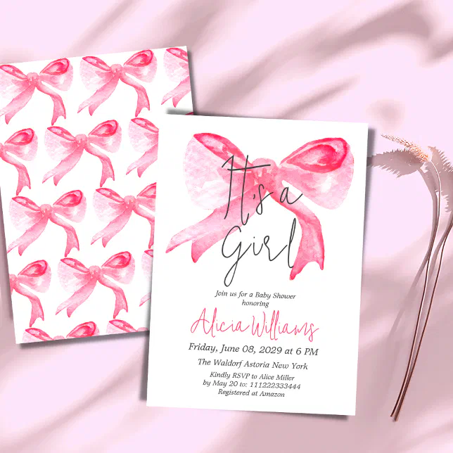 Elegant It's a Girl Ribbon Pink Bow Baby Shower Invitation | Zazzle