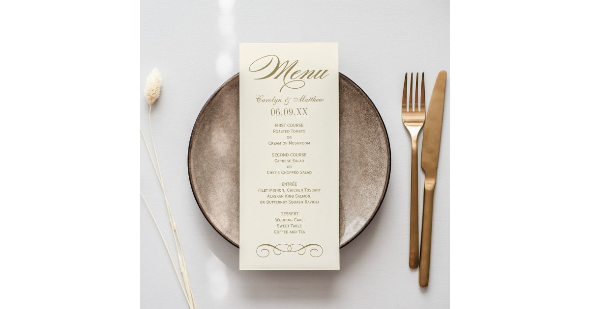 Elegant Ivory Antique Gold Scroll Wedding Monogram Menu | Zazzle
