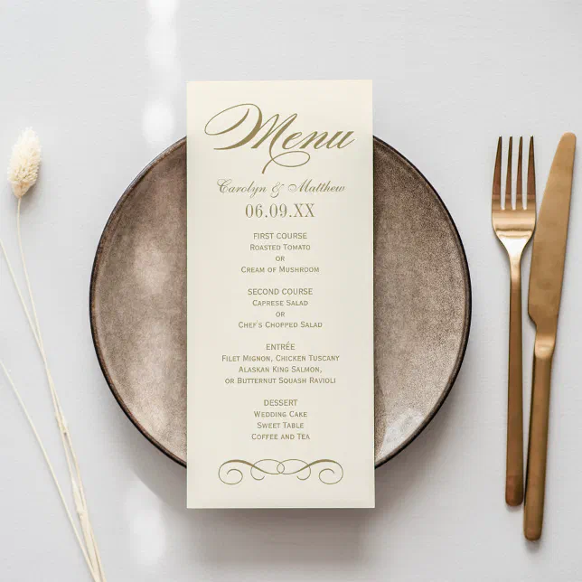 Elegant Ivory Antique Gold Scroll Wedding Monogram Menu | Zazzle