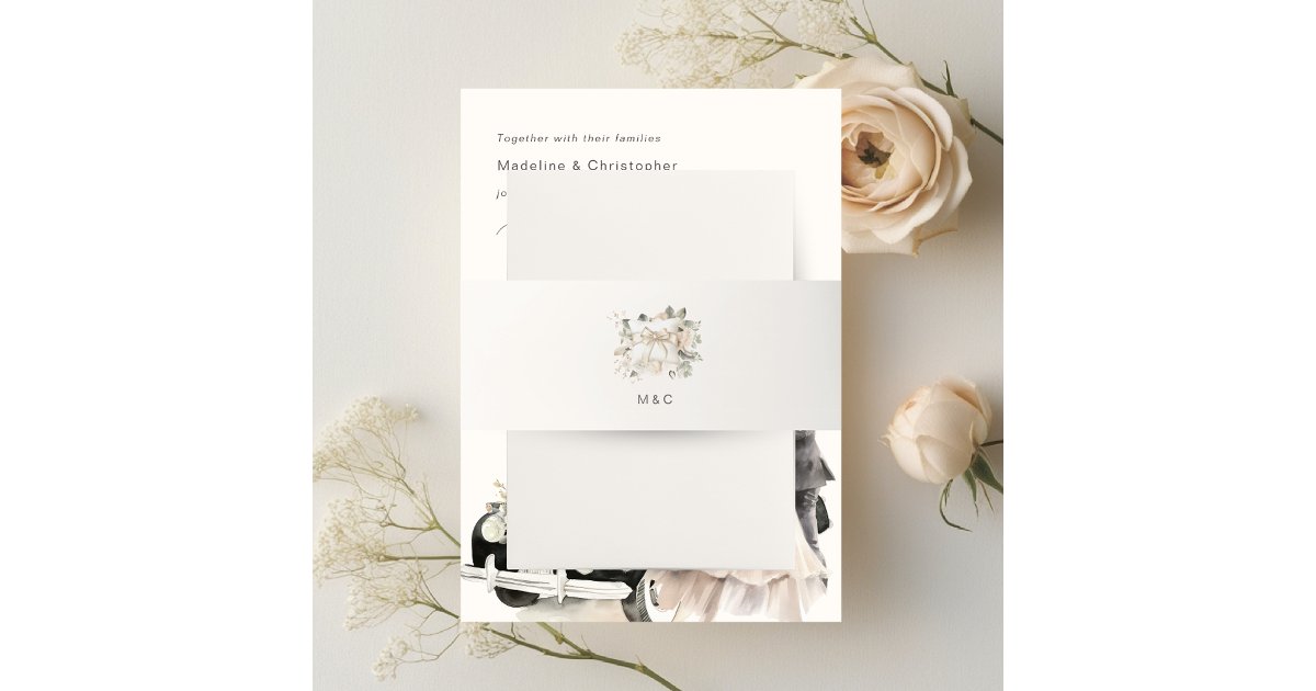 Elegant Ivory Bow Floral Wedding Invitation Belly Band | Zazzle