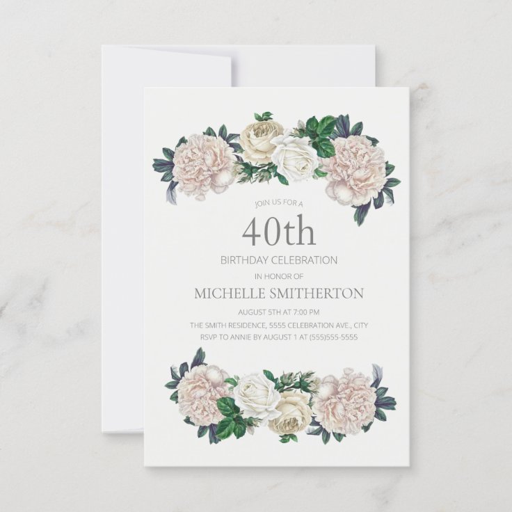 Elegant Ivory Cream Floral 40th Birthday Invitation | Zazzle