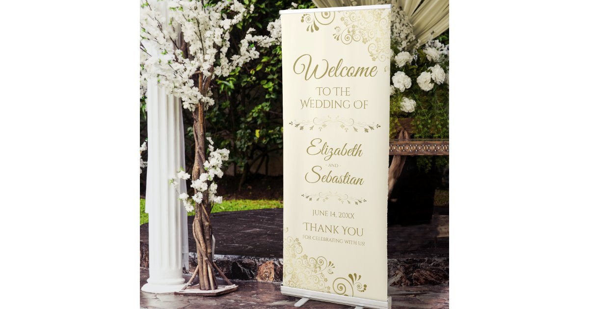 Elegant Ivory Cream & Gold Lacy Wedding Welcome Retractable Banner | Zazzle
