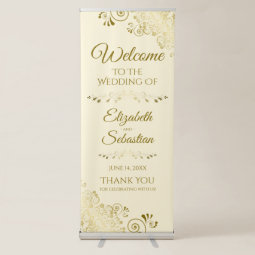 Elegant Ivory Cream & Gold Lacy Wedding Welcome Retractable Banner | Zazzle