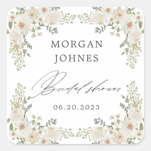 elegant ivory floral bridal shower square sticker | Zazzle