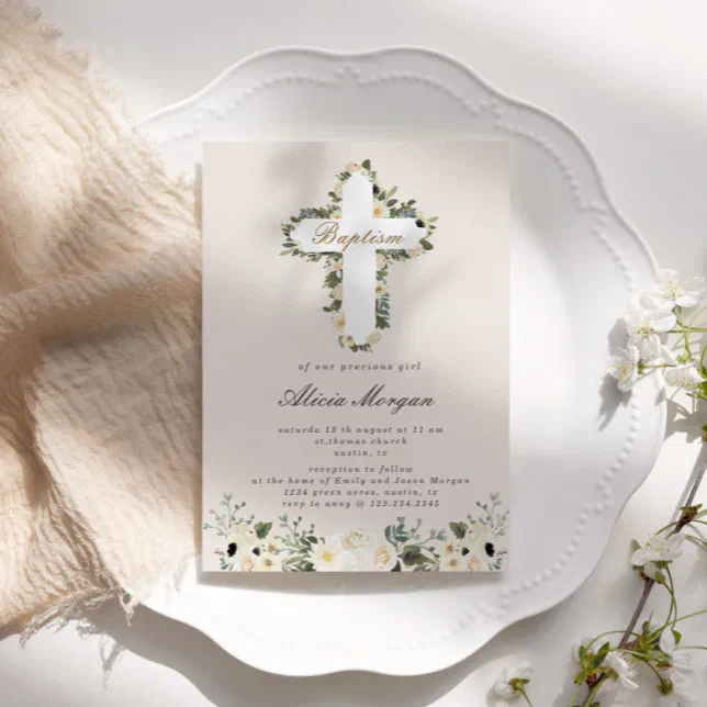 Elegant Ivory Floral Cross Baptism Invitation | Zazzle
