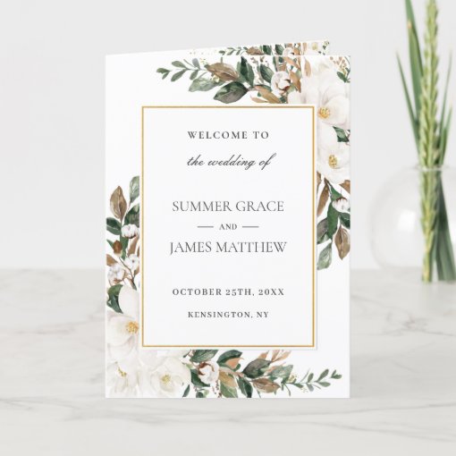 Elegant Ivory Magnolia Floral Greenery Wedding Program | Zazzle