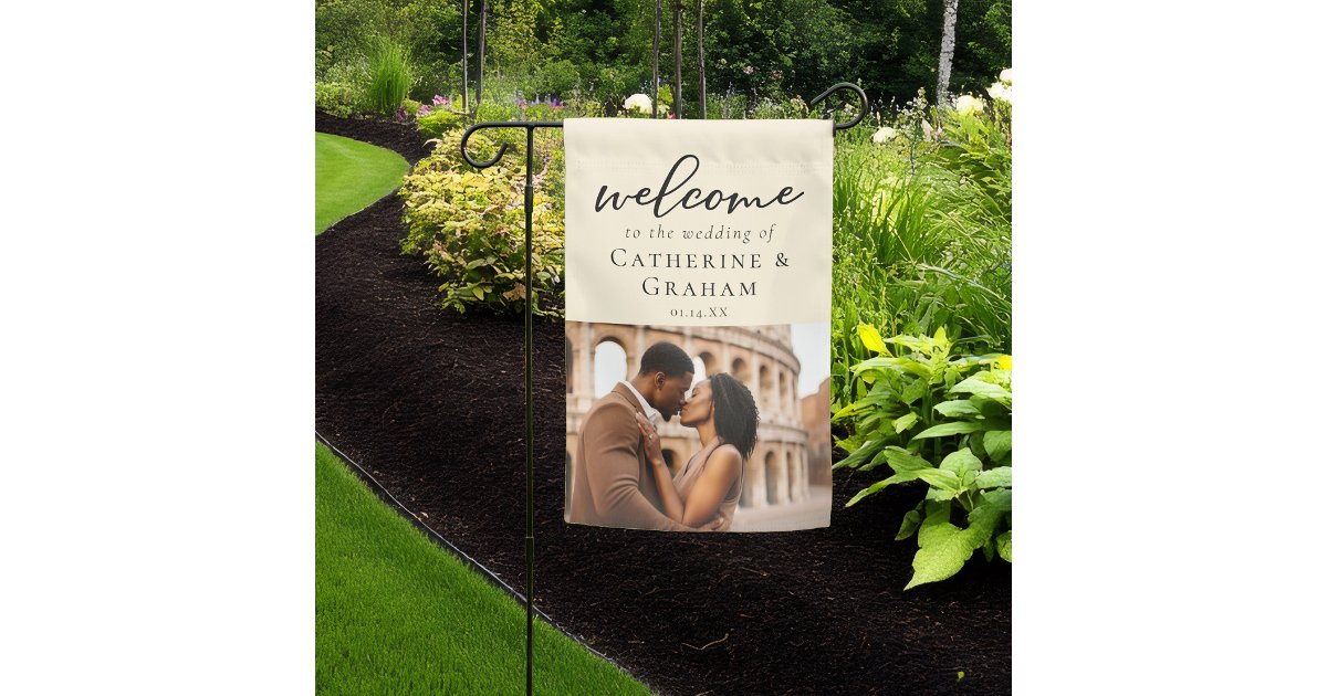 Elegant Ivory Minimalist Couple Photo Wedding Garden Flag | Zazzle