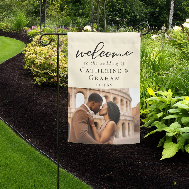Elegant Ivory Minimalist Couple Photo Wedding Garden Flag | Zazzle