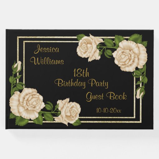 Elegant Ivory Roses & Gold Glitter 18th Birthday Guest Book | Zazzle
