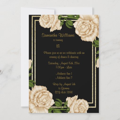 Elegant Ivory Roses & Gold Glitter 18th Birthday Invitation | Zazzle