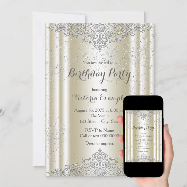 Elegant Ivory Silver Glitter Birthday Party Invitation | Zazzle