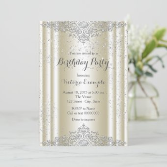 Elegant Ivory Silver Glitter Birthday Party Invitation | Zazzle