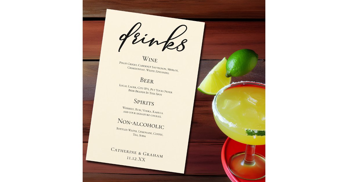 Elegant Ivory Simple Wedding Bar Menu Drinks | Zazzle