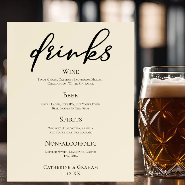 Elegant Ivory Simple Wedding Bar Menu Drinks Foam Board | Zazzle