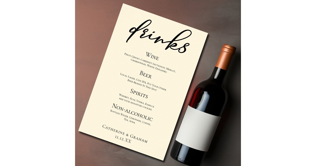 Elegant Ivory Simple Wedding Bar Menu Drinks Poster | Zazzle