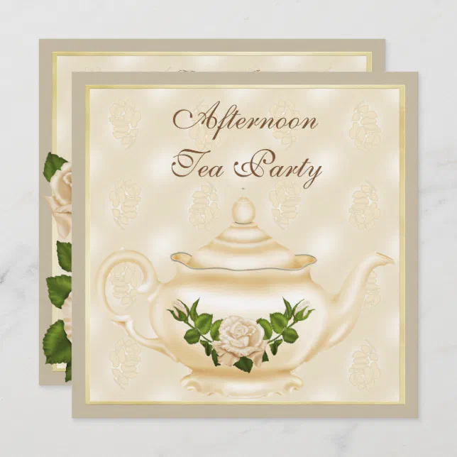 Elegant Ivory Teapot & Roses Afternoon Tea Invitation | Zazzle