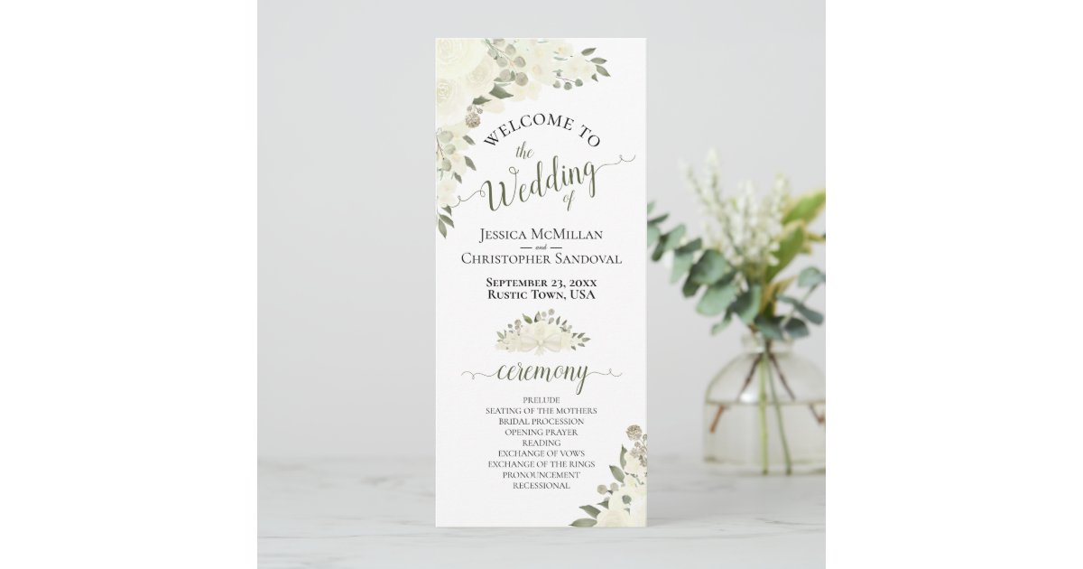 Elegant Ivory White Boho Watercolor Floral Wedding Program | Zazzle