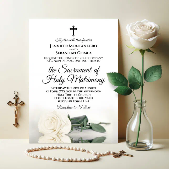 Elegant Ivory White Rose Modern Catholic Wedding Invitation | Zazzle