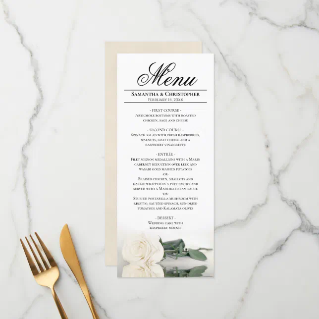 Elegant Ivory White Rose with Reflections Wedding Menu | Zazzle