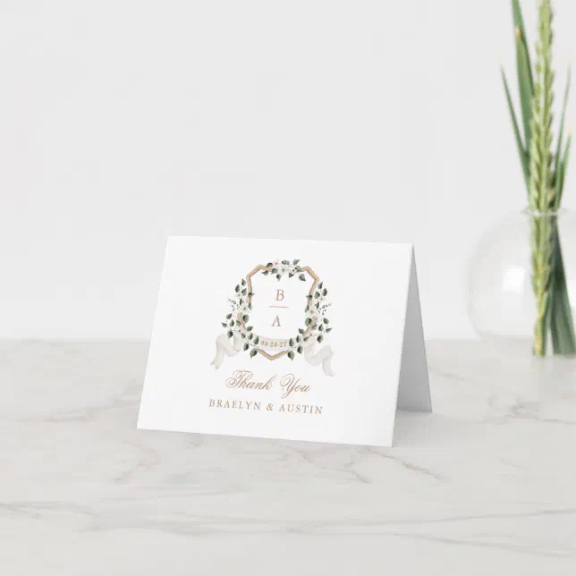 Elegant Ivy Greenery White Floral Wedding Crest Thank You Card | Zazzle