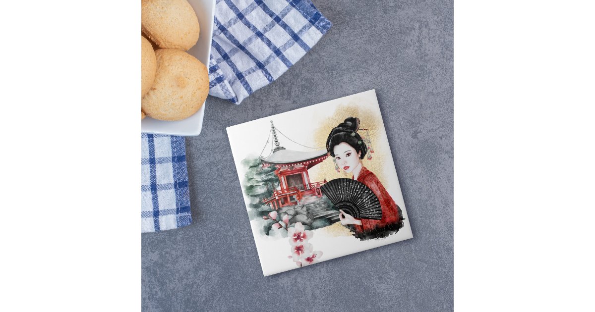 Elegant Japanese Pagoda Geisha Girl Ceramic Tile | Zazzle