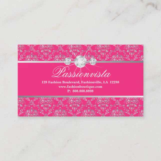 Elegant Jewelry Diamonds Silver Pink Damask Business Card | Zazzle