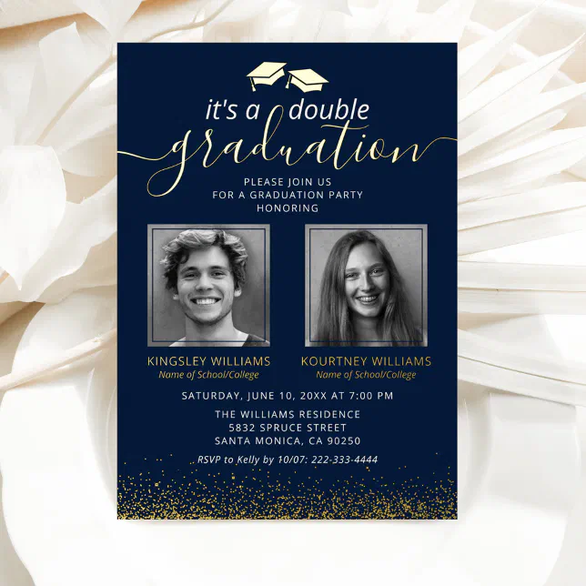 Elegant Joint Graduation Photo Navy Gold Foil Invitation | Zazzle