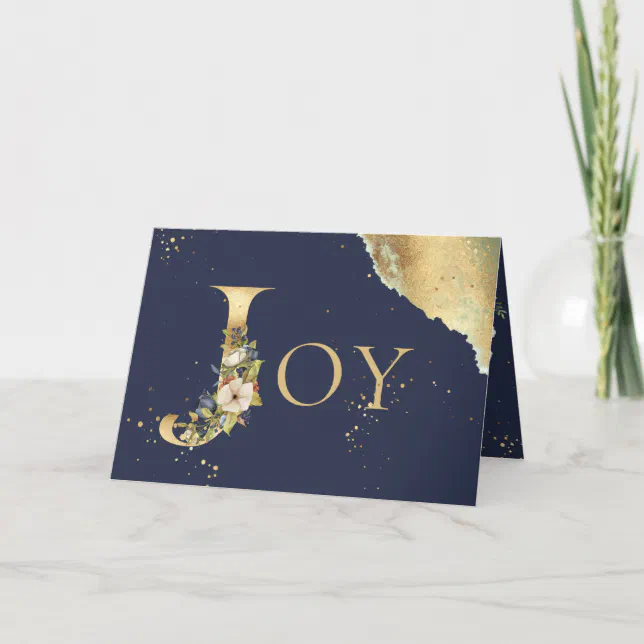 Elegant Joy of Christmas Gold Floral Blue Holiday Card | Zazzle