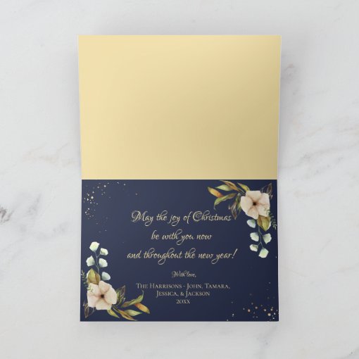 Elegant Joy of Christmas Gold Floral Blue Holiday Card | Zazzle
