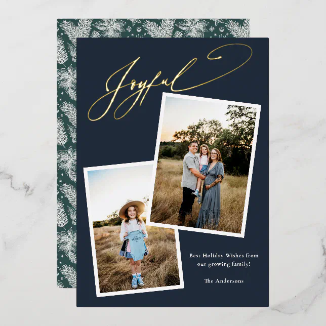 Elegant Joyful Blue Calligraphy Photo Pregnancy Foil Holiday Card | Zazzle