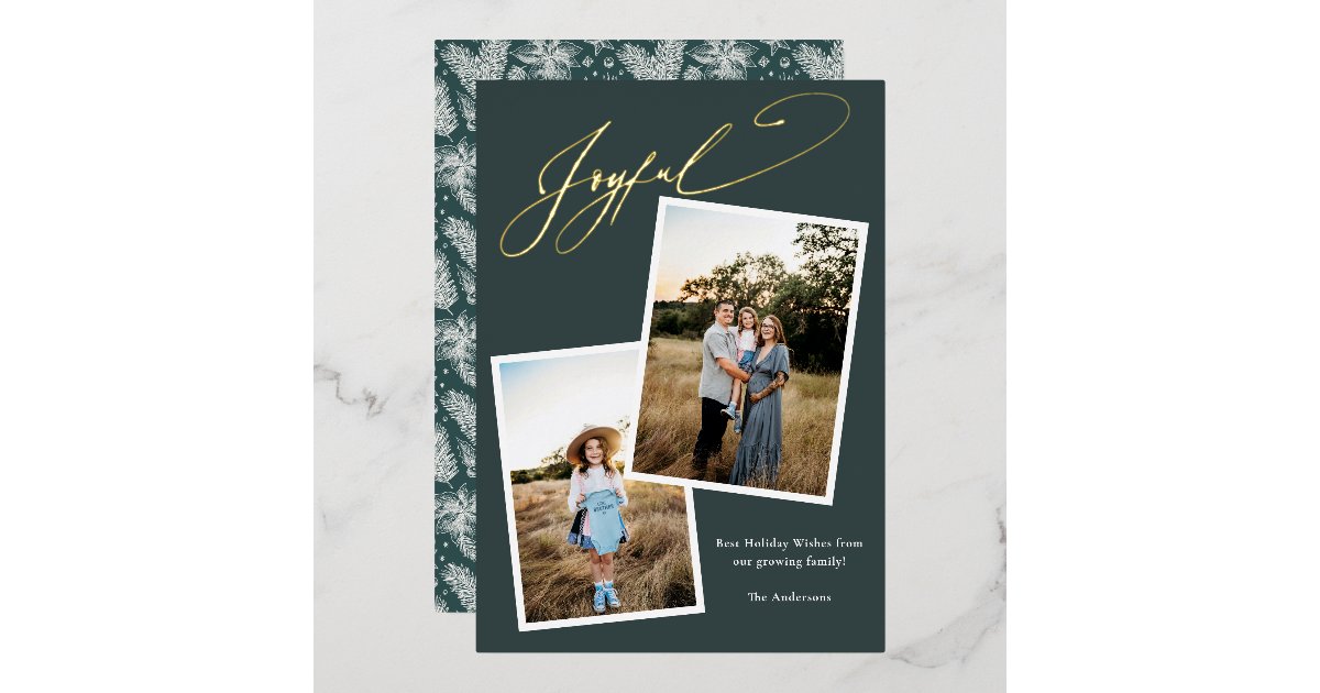 Elegant Joyful Green Calligraphy Photo Pregnancy Foil Holiday Card | Zazzle